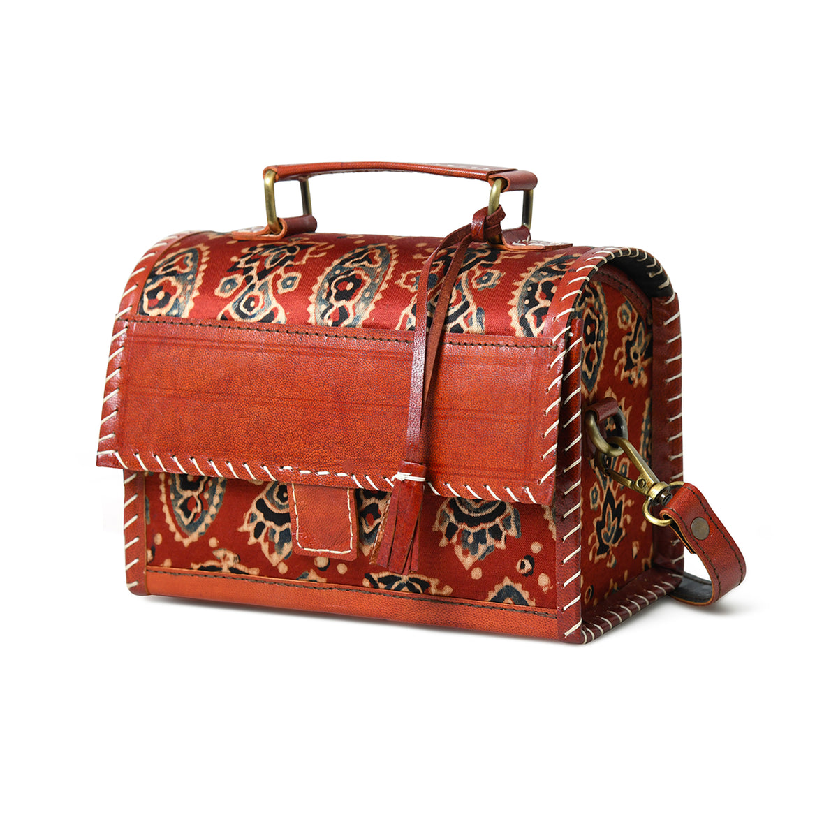 Maroon Ajrakh Printed Satchel Purse for Her — Classy Leather Bags