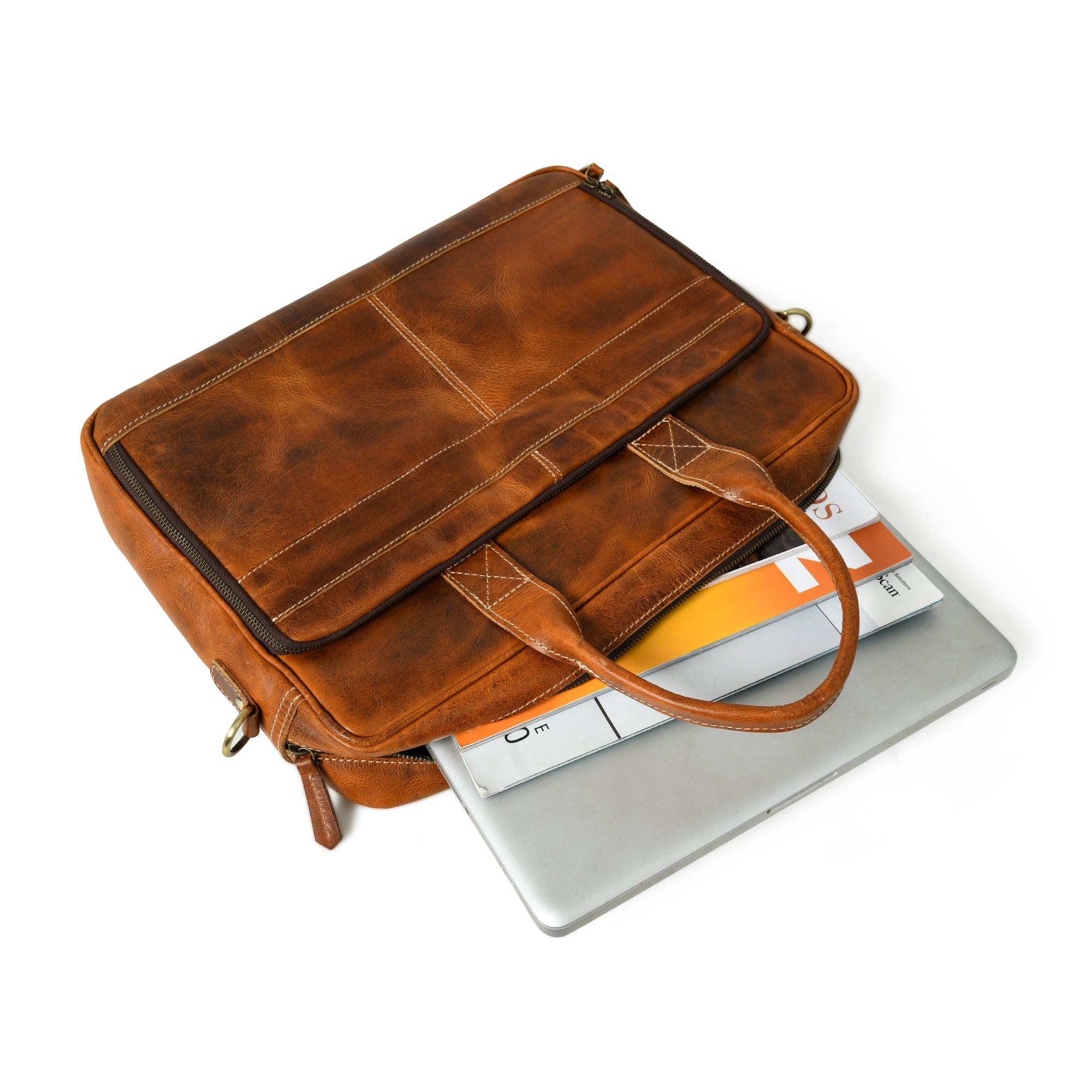 Brown Leather Handcrafted Top Handle Office Briefcase for Men & Women ...
