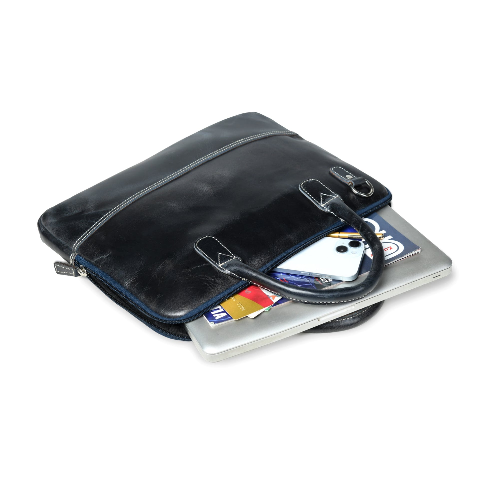 Modernist Blue Leather Laptop Bag Slim Briefcase for Men, Professional ...