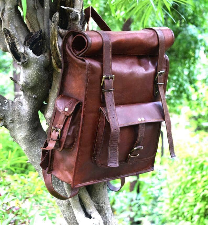 Handcrafted Roll Top Brown Leather Backpack for Men Women — Classy ...